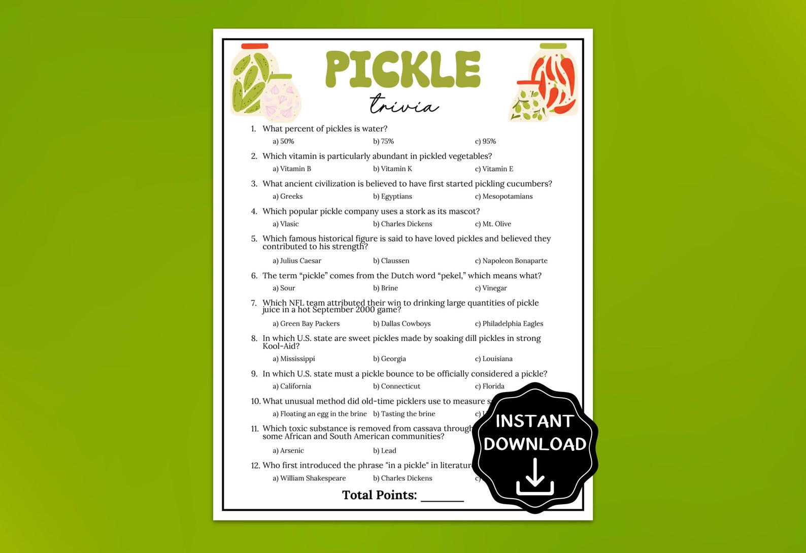 Pickle Trivia Game, Pickle Birthday Game for Kids & Adults, Pickle ...