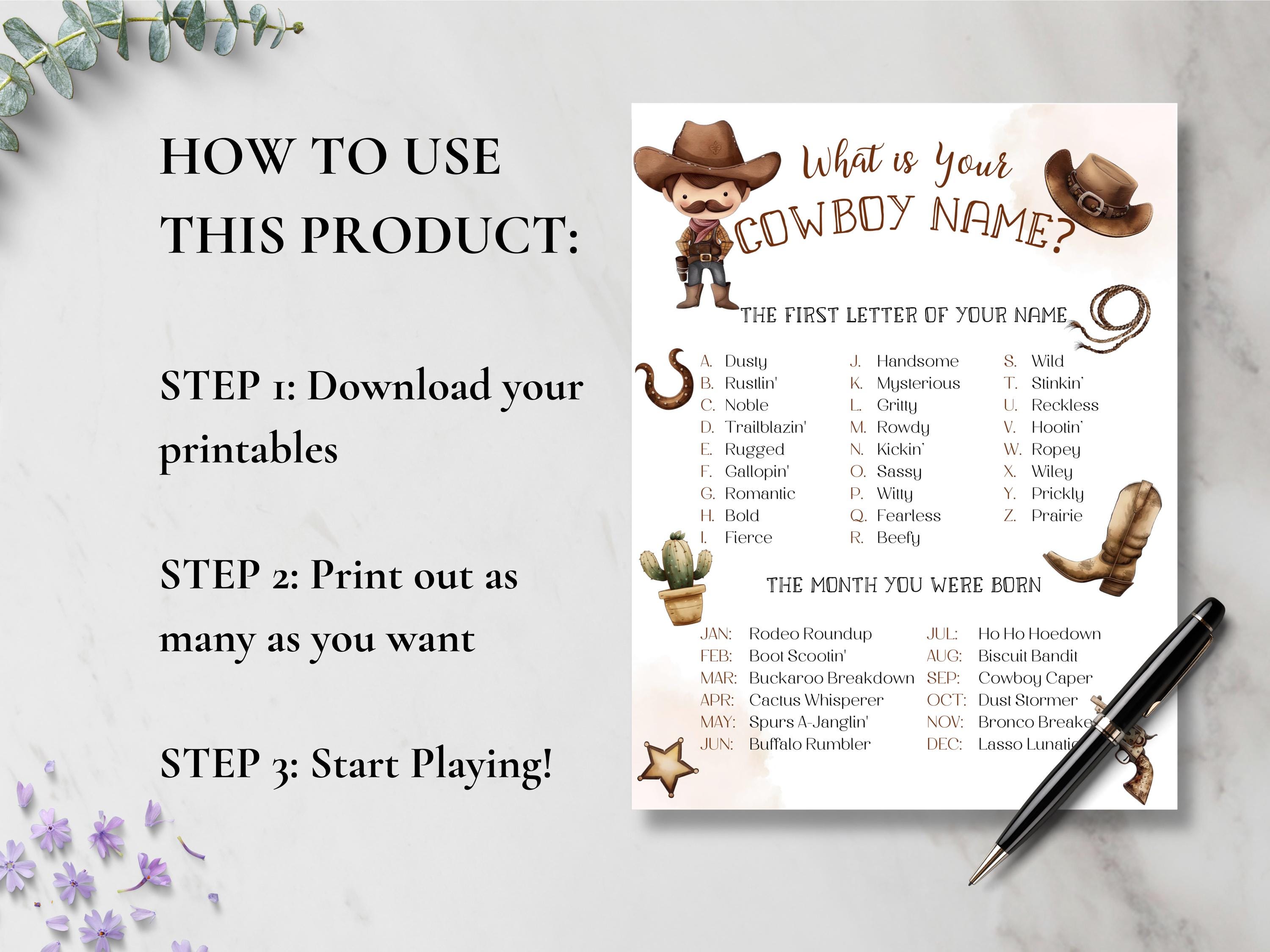 What's Your Cowboy Name With Name Tags, Cowboy Birthday Party Game ...