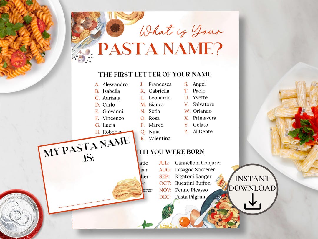 What's Your Pasta Name With Name Tags, Pasta Games for Kids&adults ...