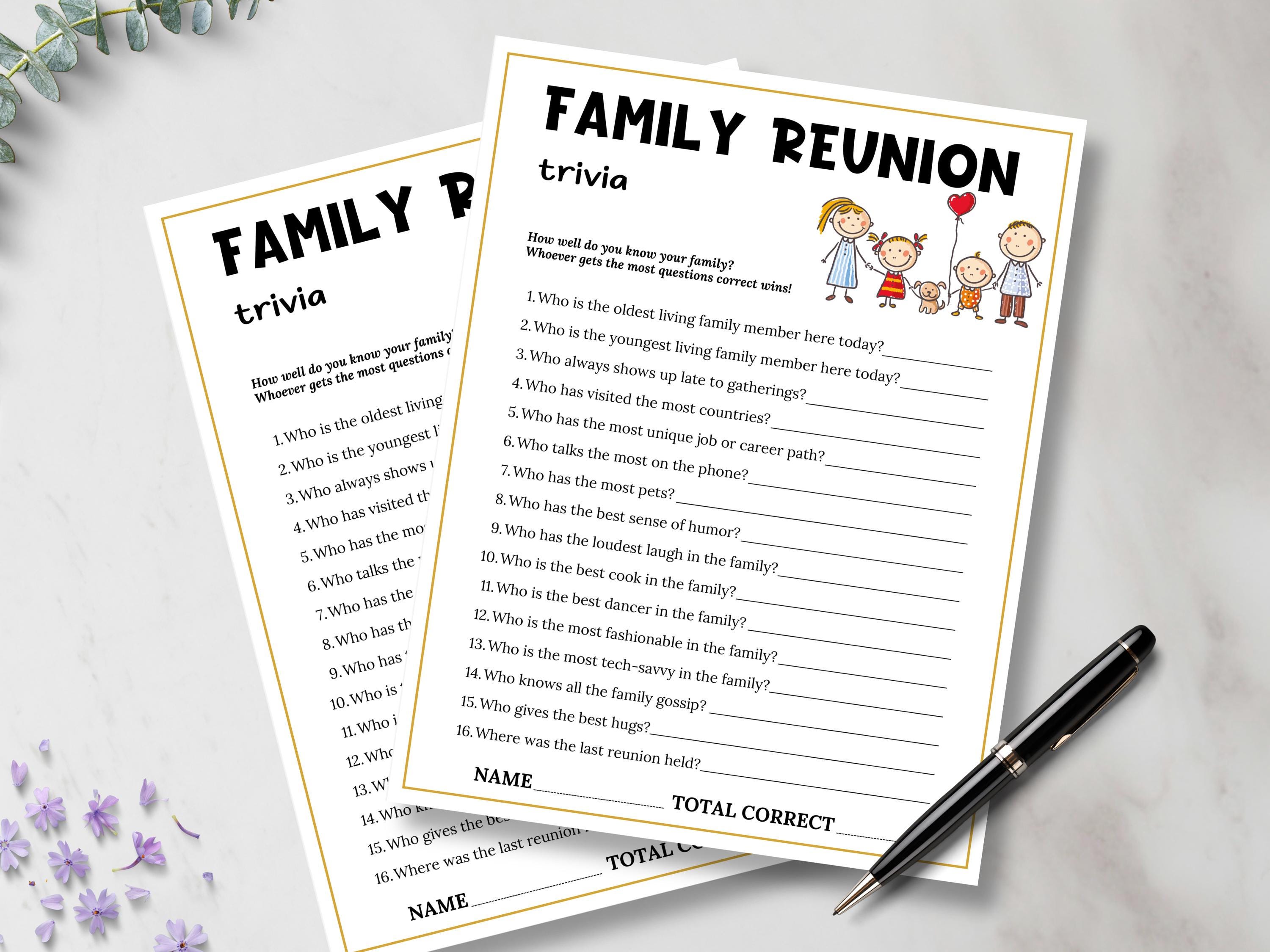 Family Reunion Trivia Game, Family Reunion Party Game, Family Questions ...