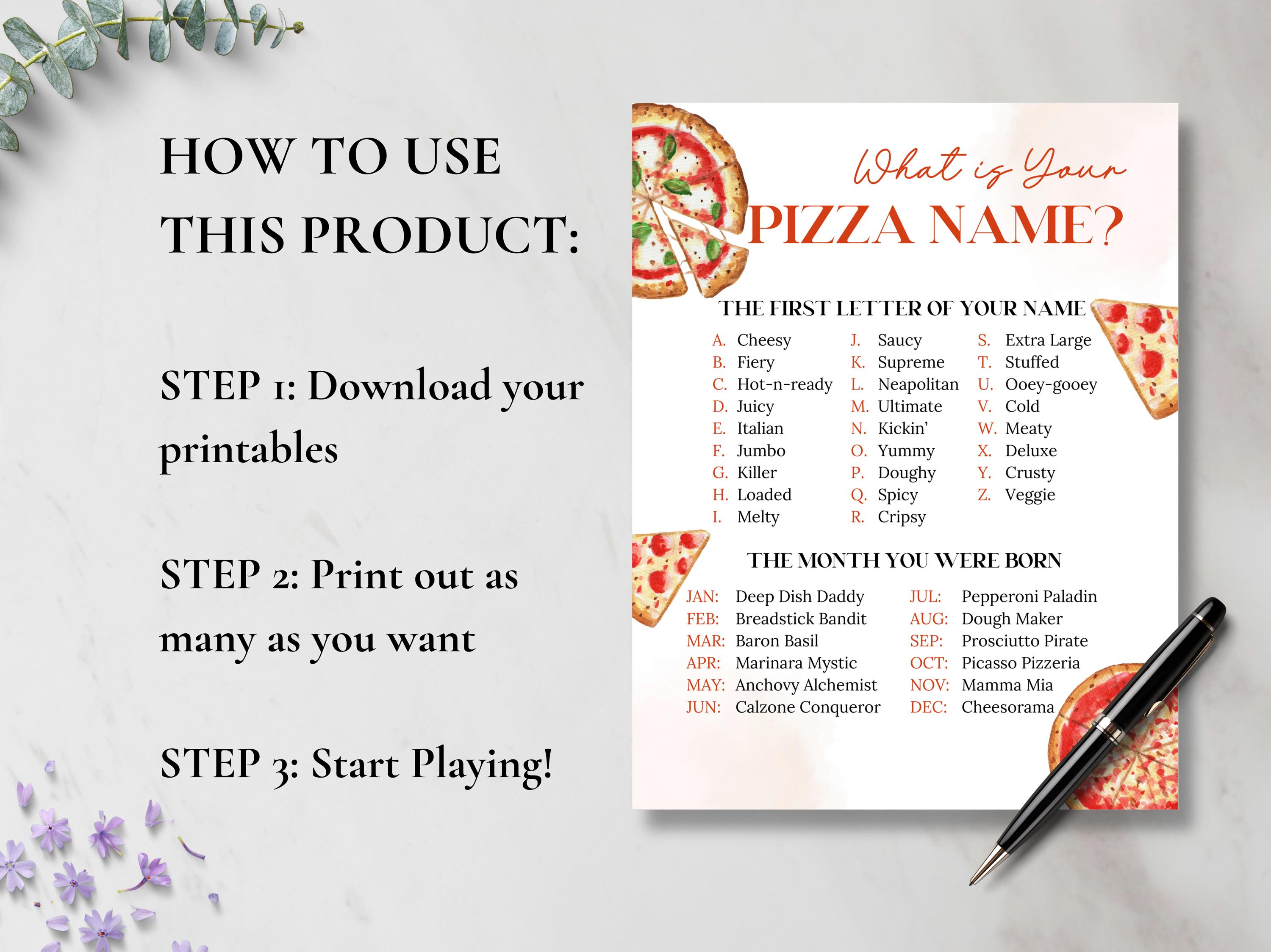 What's Your Pizza Name With Name Tags, Pizza Baby Shower Games, Pizza ...
