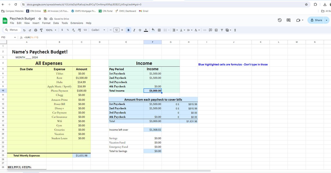 Paycheck Budget, Spreadsheet, Sheets, Simple, Easy, Personal Finance ...