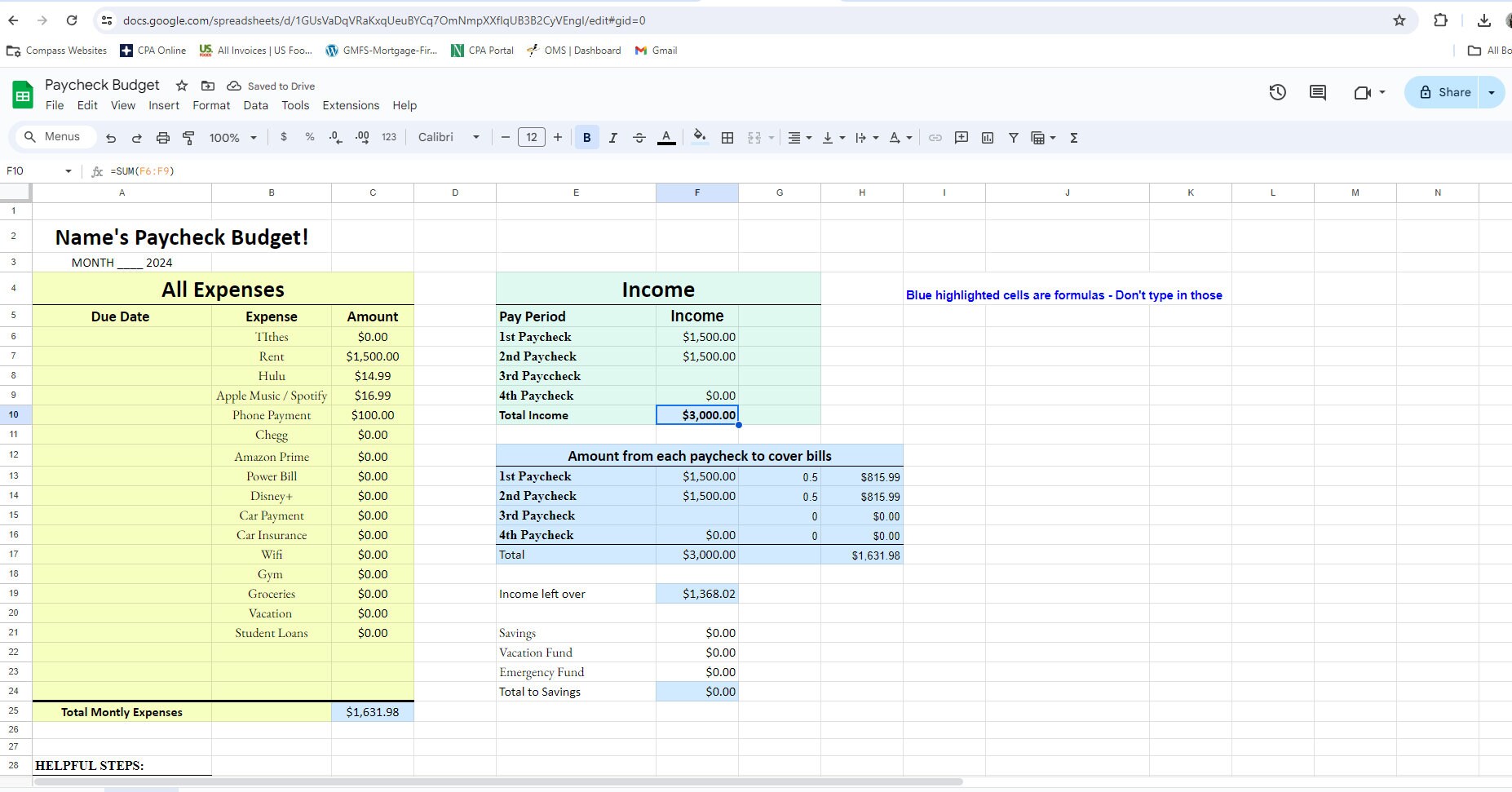 Paycheck Budget, Spreadsheet, Sheets, Simple, Easy, Personal Finance ...