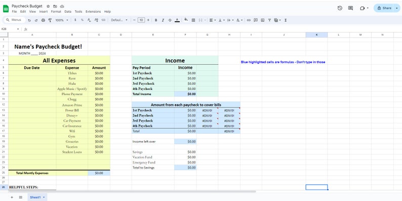 Paycheck Budget, Spreadsheet, Sheets, Simple, Easy, Personal Finance ...
