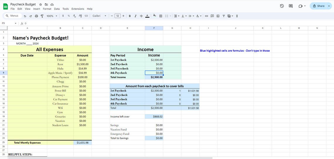 Paycheck Budget, Spreadsheet, Sheets, Simple, Easy, Personal Finance ...