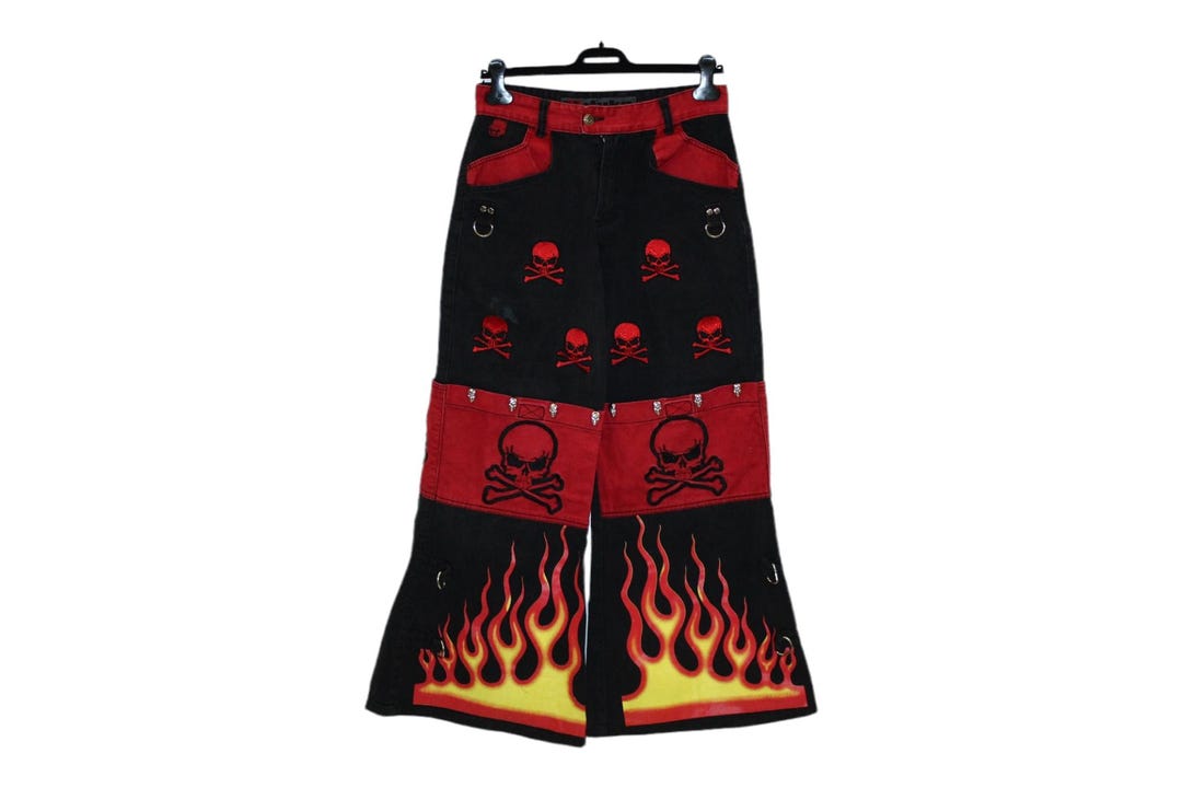 RARE Y2K STUKA Japanese Studded Crazy Flame Multipocket Baggy Flared ...