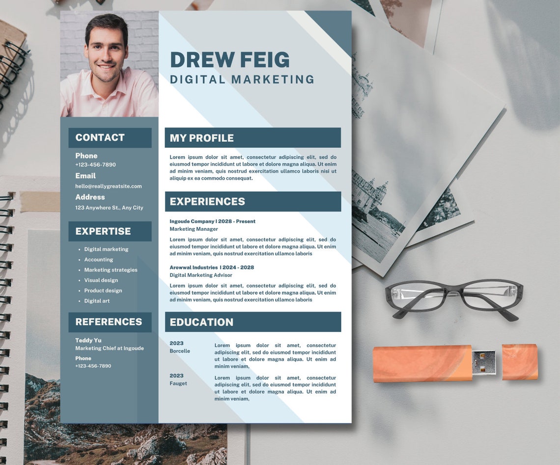 Blue Modern Professional Resume Template, Printable CV Design, Job ...