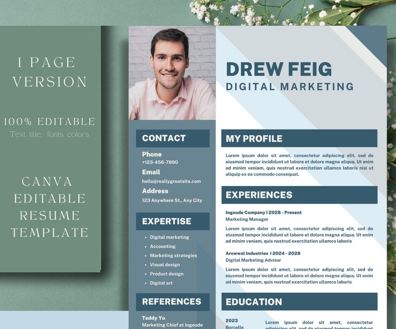 Blue Modern Professional Resume Template, Printable CV Design, Job ...