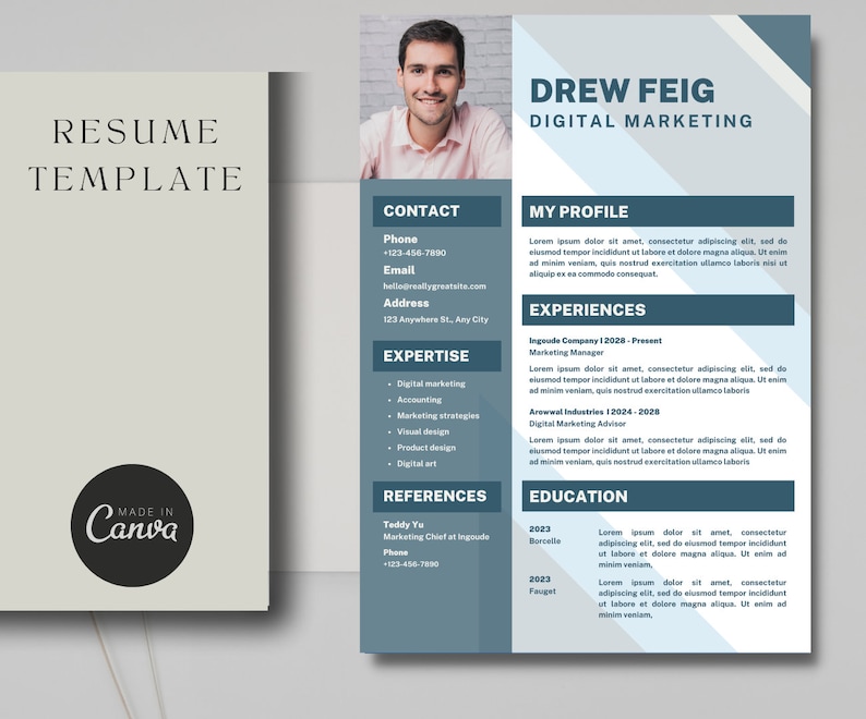 Blue Modern Professional Resume Template, Printable CV Design, Job ...