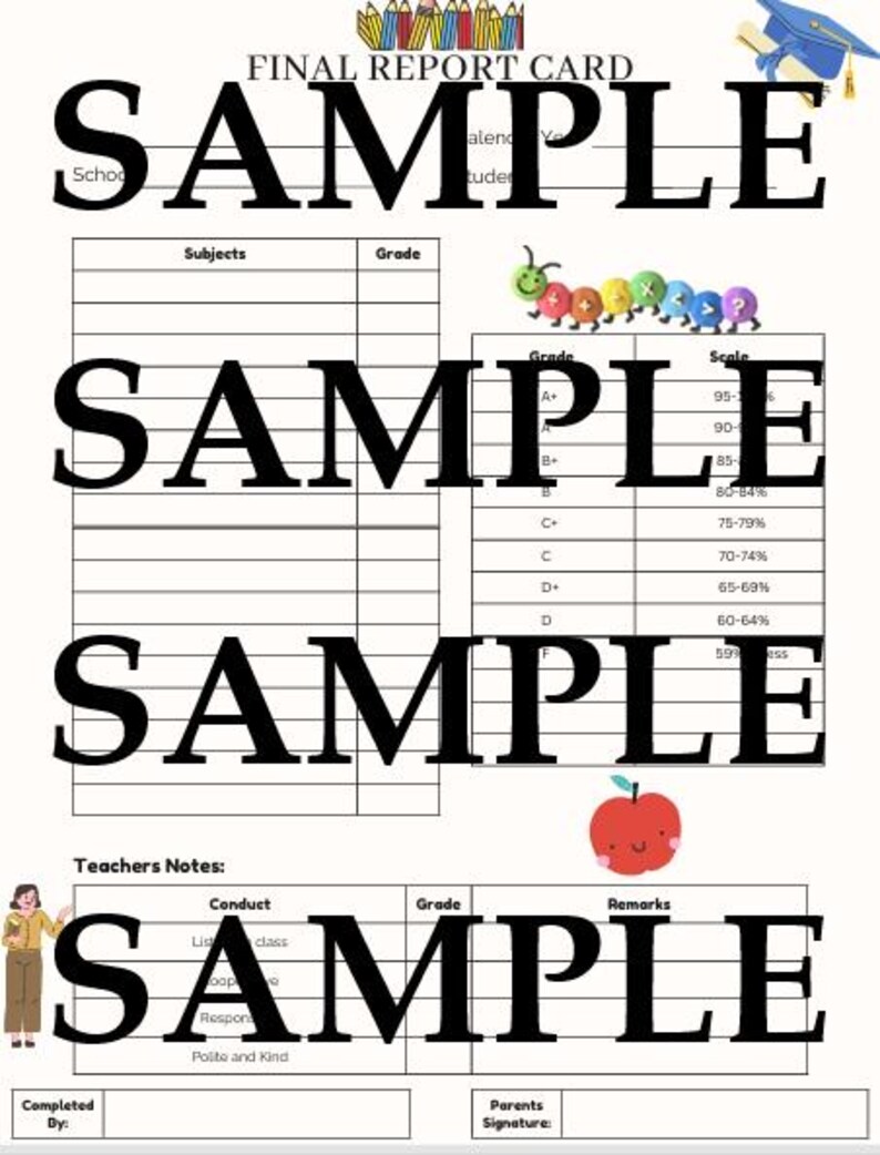 Year-end Homeschool Final Report Card Grading Sheet Template - Etsy