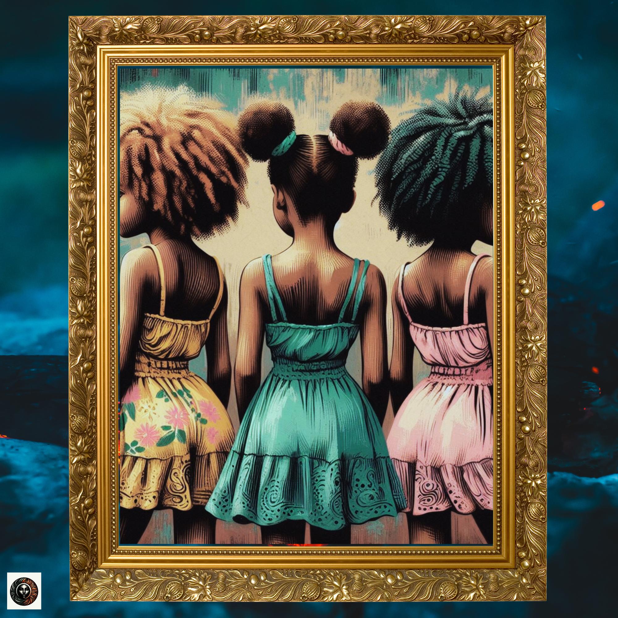 Three Black Girl Art Print: Afro Pigtails Black Childhood Art Black ...