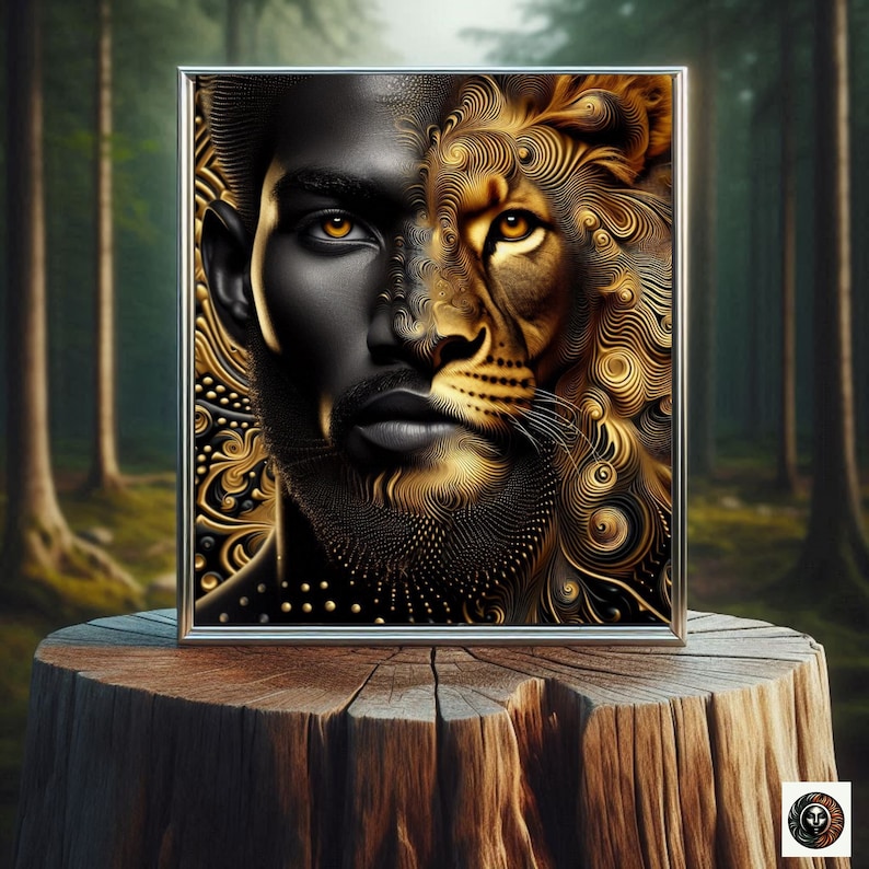 Man Lion Wall Art Human Animal Print Powerful Black Male Lion Art Print ...