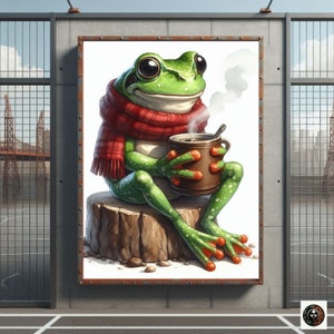 Cute Frog Print Frog Drinking Coffee Art Funny Frog Art PNG Frog Poster ...