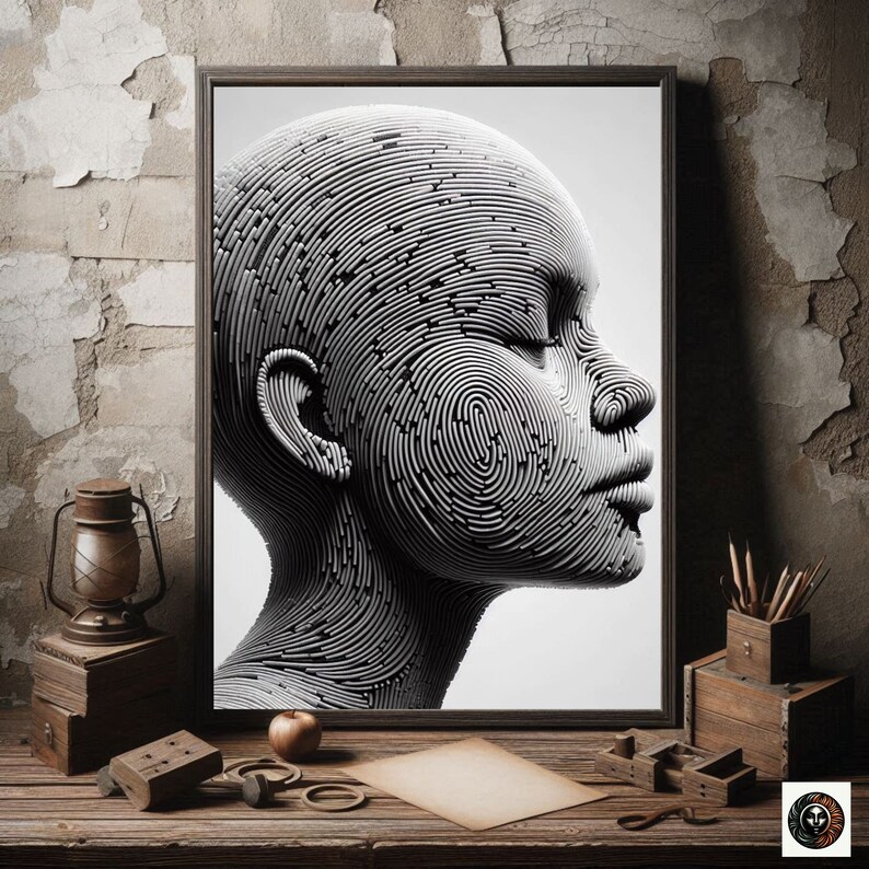 Fingerprint Art Female Face Art Woman Portrait Print Wall Art Black ...