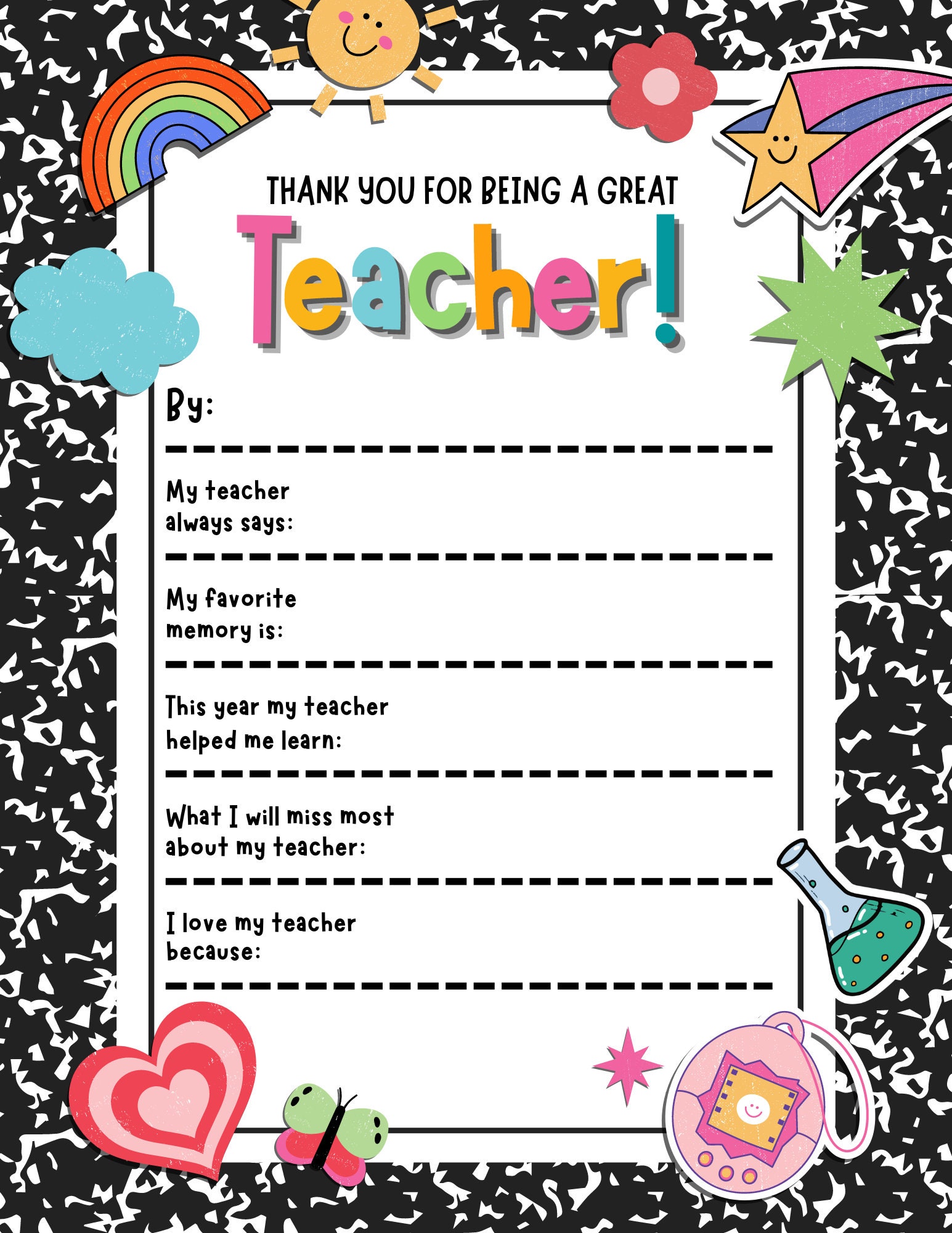 Teacher Thank You Questionnaire Card | Instant Download Printable - Etsy