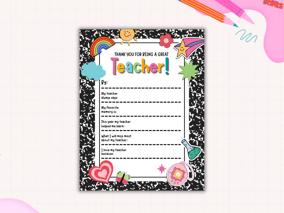 Teacher Thank You Questionnaire Card Instant Download Printable - Etsy