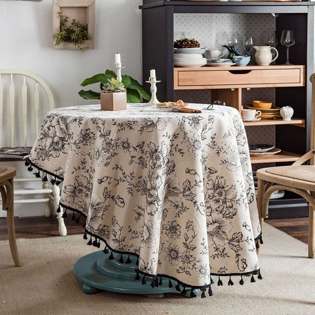 Floral Tablecloth, Tablecloth With Tassel, Cotton Linen , Round ...