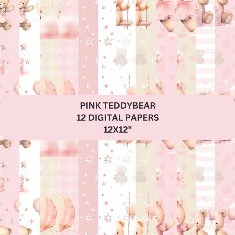 12 Pink Teddybear Printable Paper Instant Digital Download Stationery ...