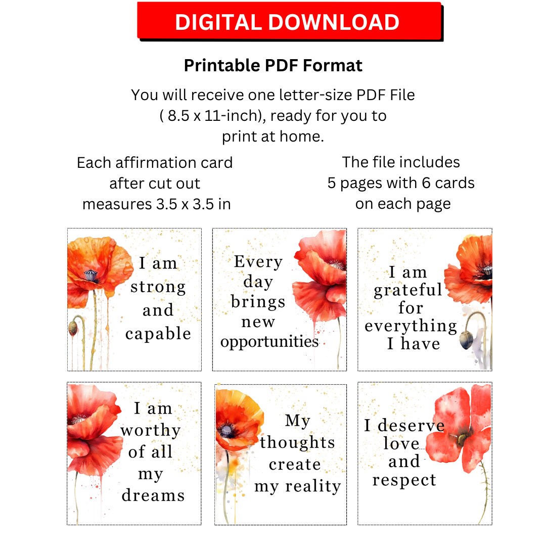 Printable Affirmation Cards, Watercolor Flowers, Poppy Flowers, Polish ...