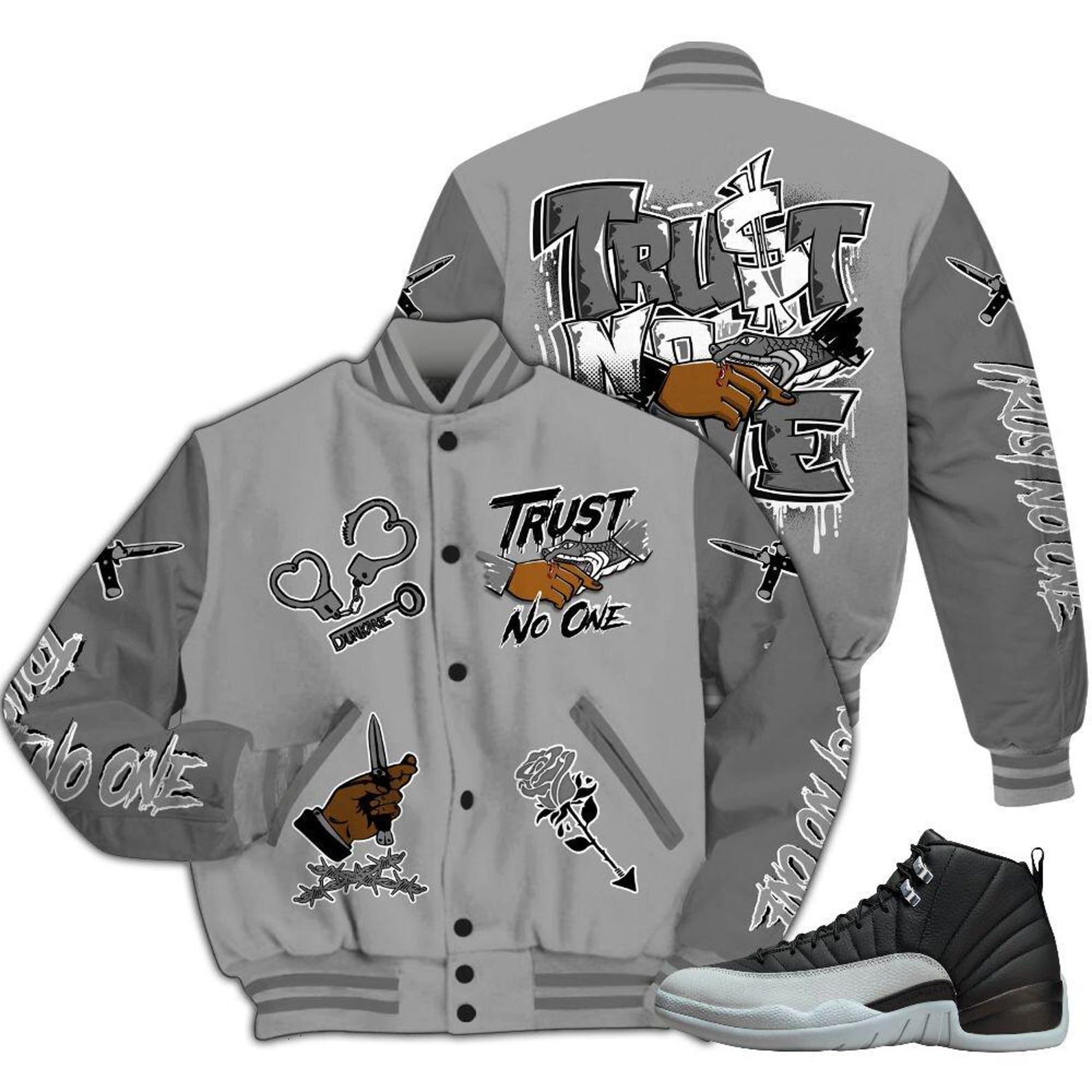 Black Wolf Grey 12s Varsity Jacket, Trust No One Dripping All Over ...