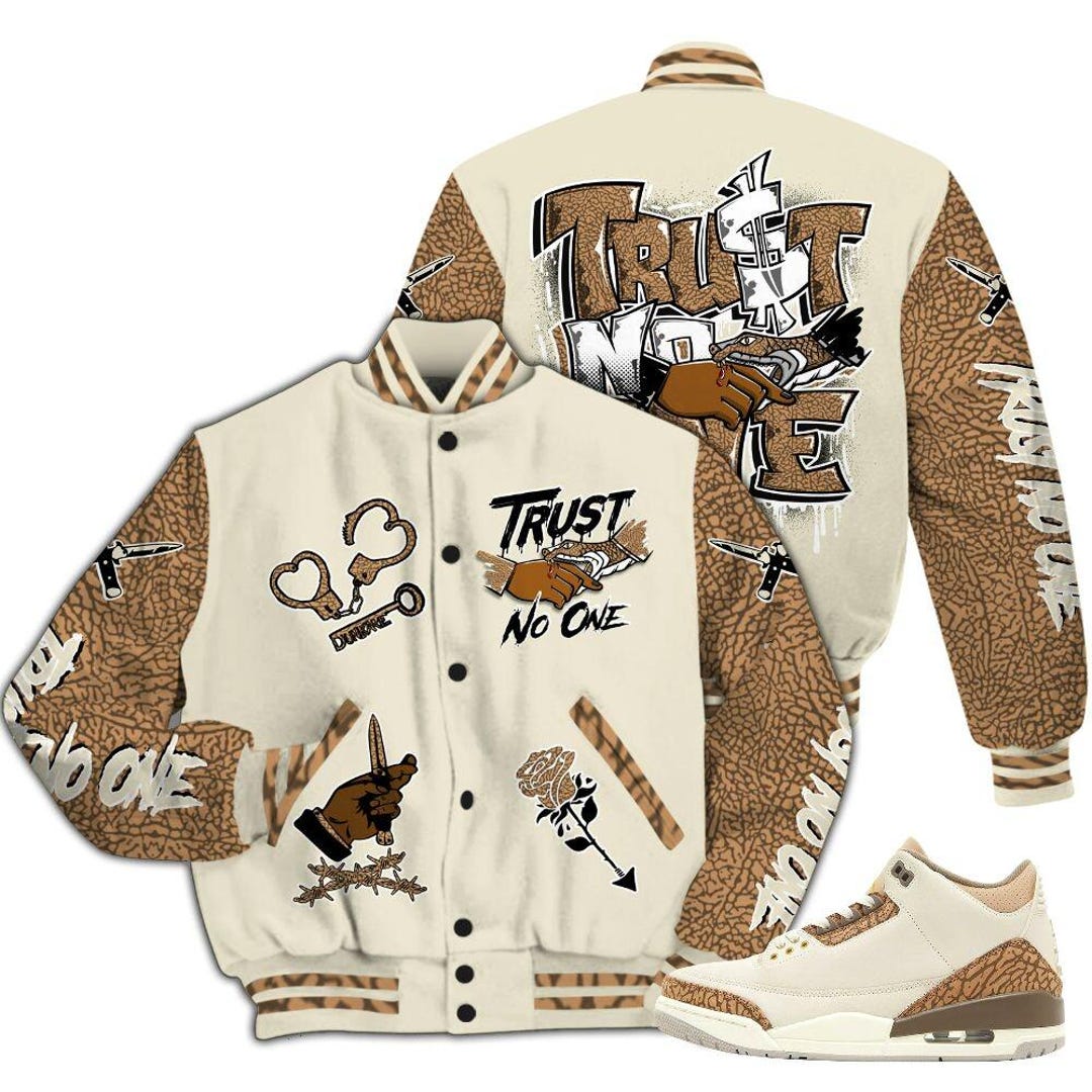 Orewood Brown 3s Varsity Jacket, Trust No One Dripping All Over Print ...