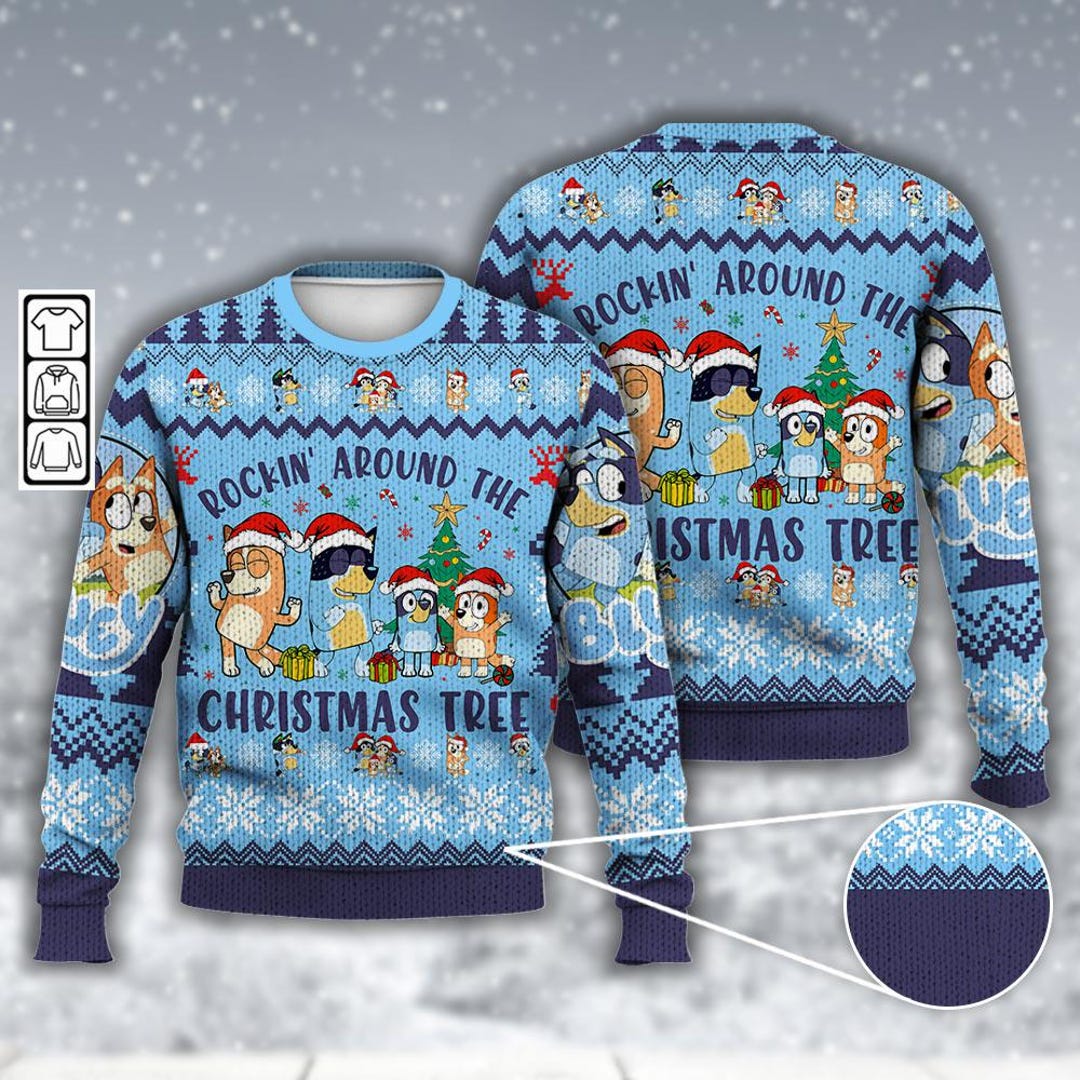 Bluey Ugly Christmas Full Print Sweater, Bluey Rockin the Christmas ...