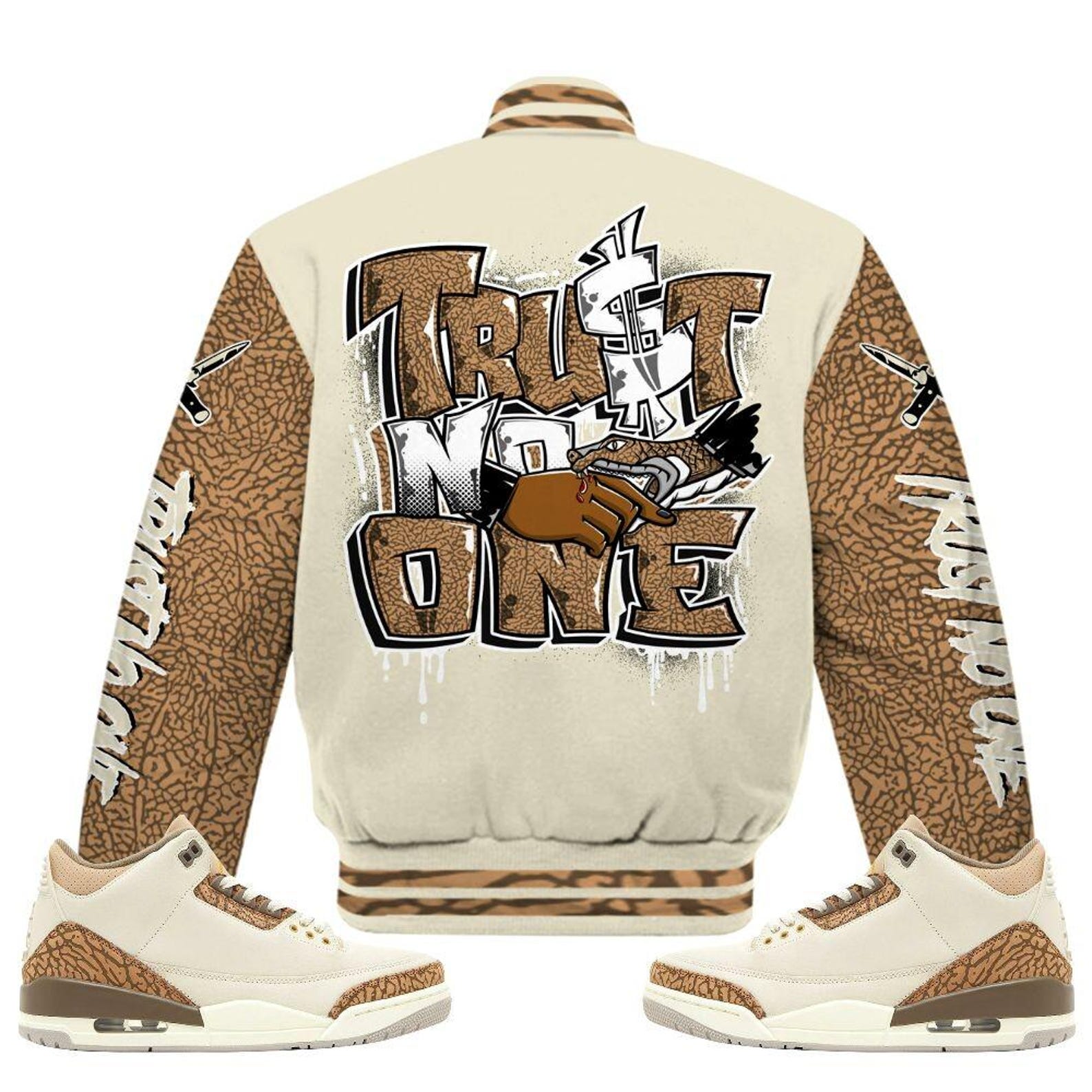 Orewood Brown 3s Varsity Jacket, Trust No One Dripping All Over Print ...