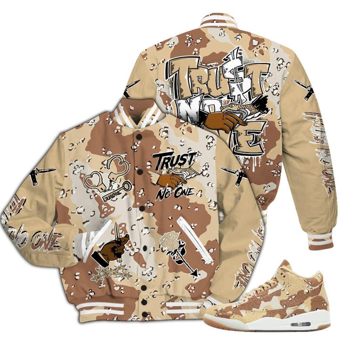 Desert Camo 3s Varsity Jacket, Trust No One Dripping All Over Print ...