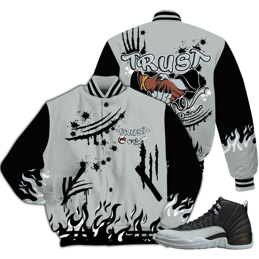 Black Wolf Grey 12s Varsity Jacket, Graphic Trust No One All Over Print ...