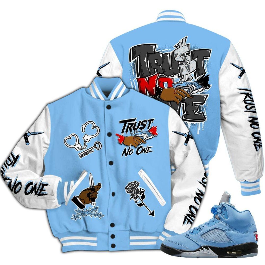 University Blue 5s Varsity Jacket, Trust No One Dripping All Over Print ...