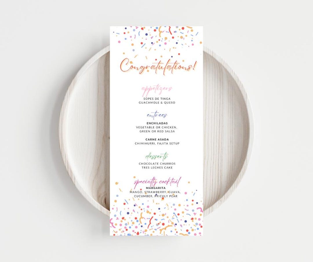 Congratulations Menu Colorful Template Custom Paint Party Table Decor ...