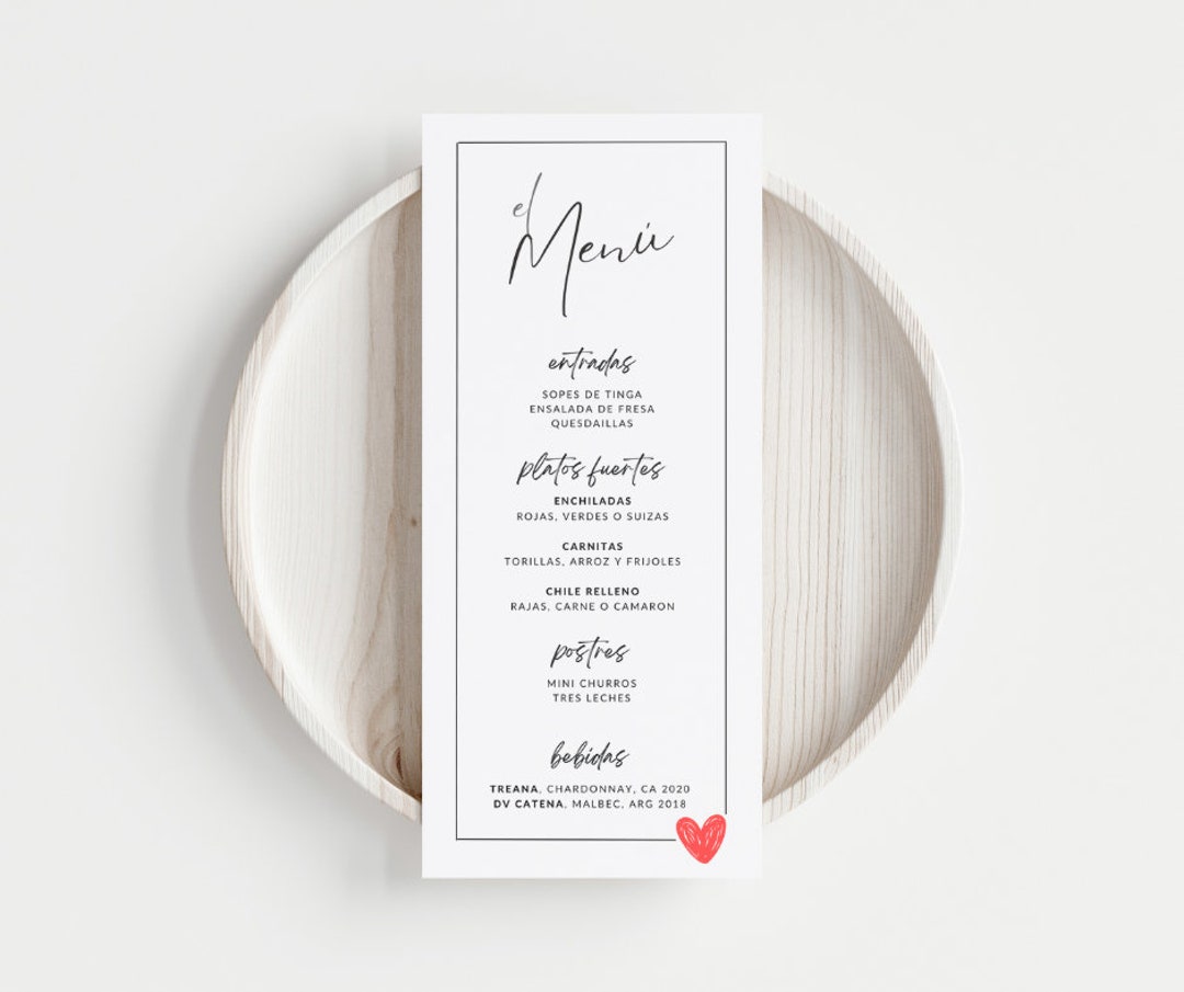 Elegant Heart Menu Template, Printable Dinner Party (digital Download ...