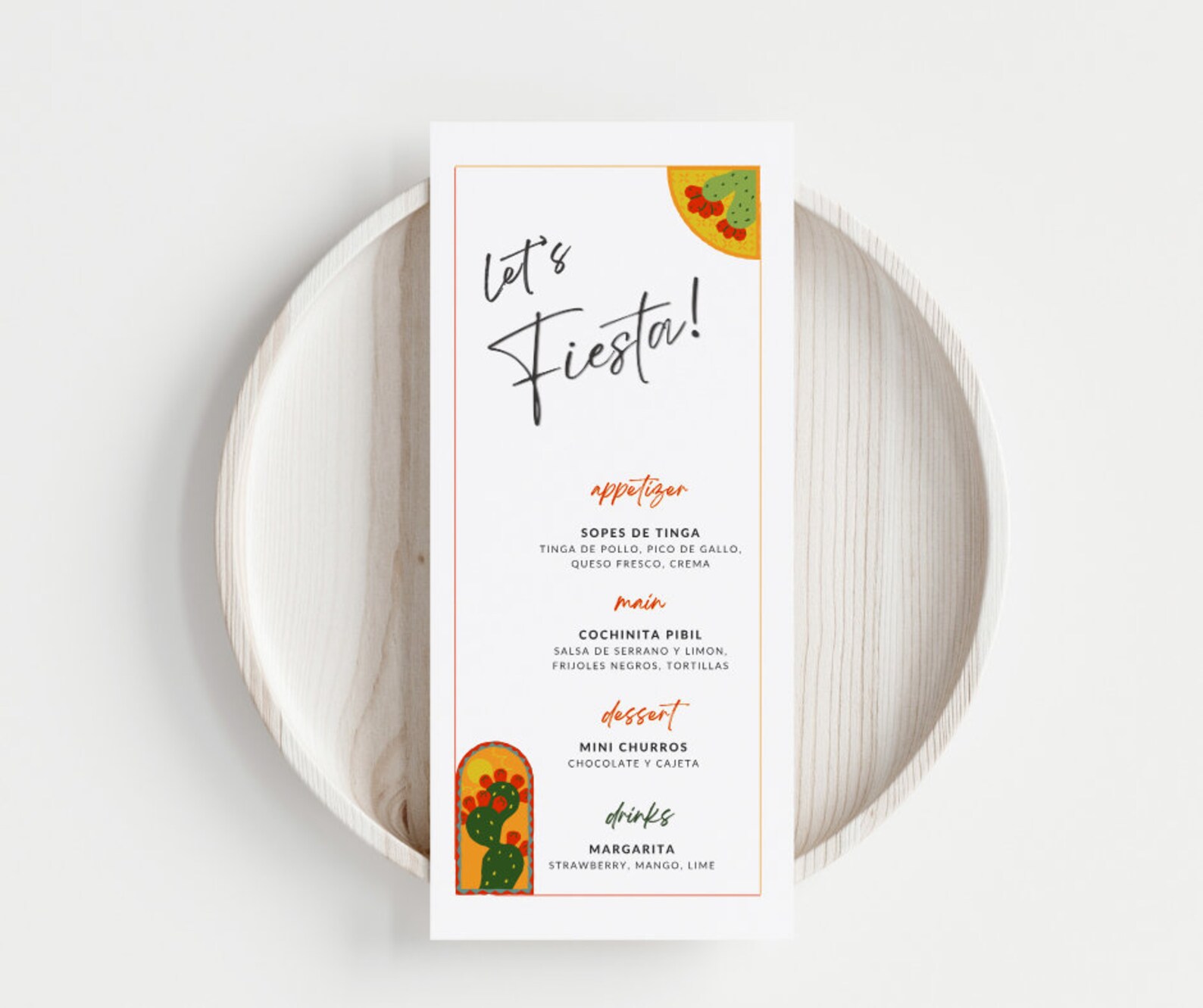 Fiesta Menu Template Desert Theme Event Custom Catering Card Cactus ...
