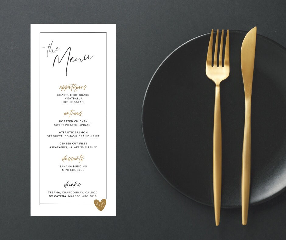 Heart Menu Template Custom Table Decor Anniversary Dinner Banquet Party ...
