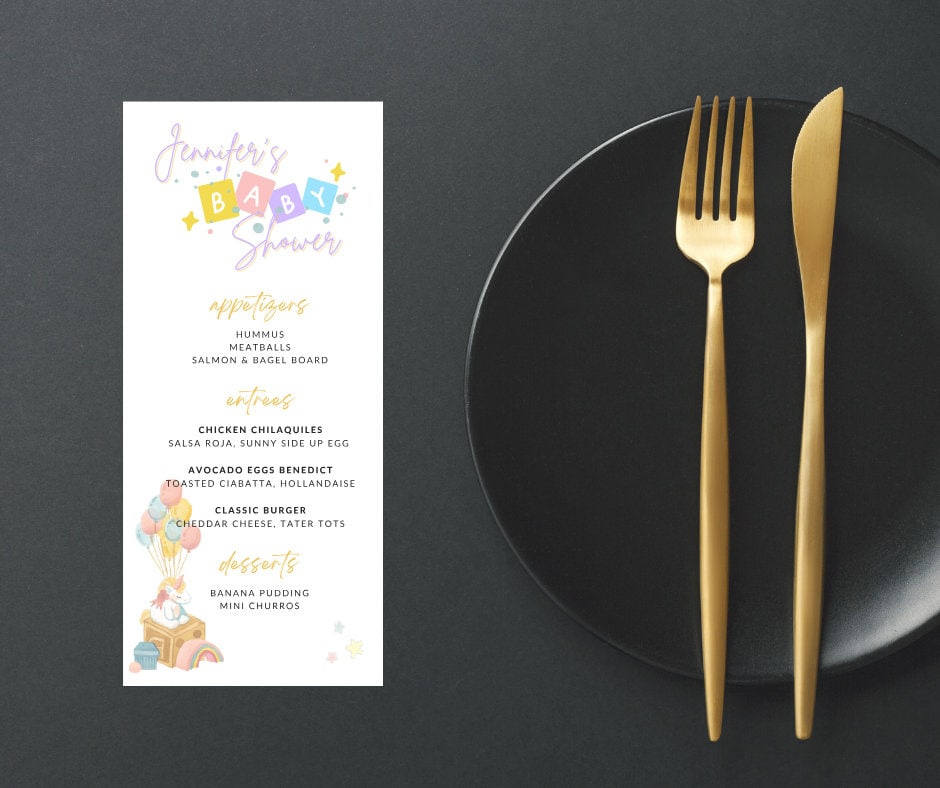 Baby Menu Template Baby Shower Custom Catering Card Gender Reveal Party ...