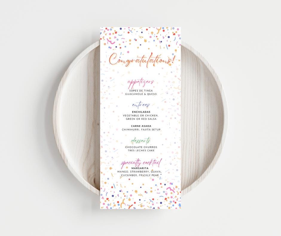 Congratulations Menu Colorful Template Custom Paint Party Table Decor ...