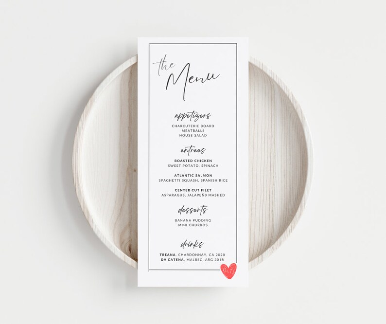 Heart Menu Template Custom Table Decor Anniversary Dinner Banquet Party ...