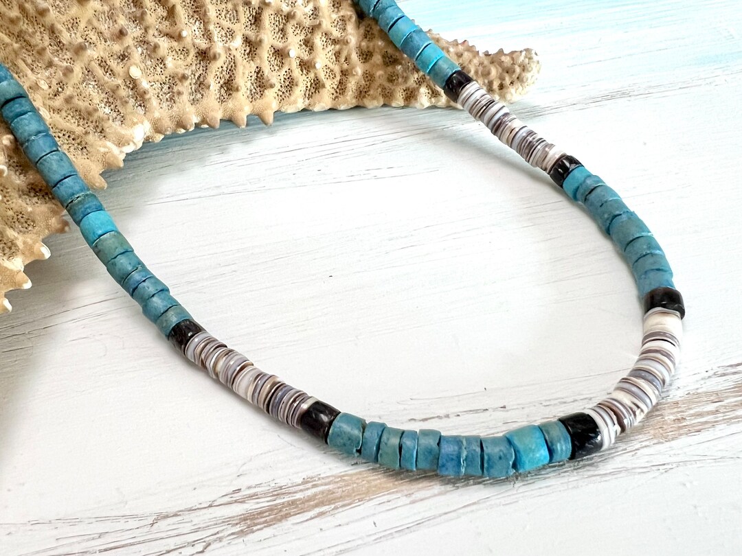Shell Heishi Surfer Necklace in Aqua, Whites and Browns. Custom Length ...