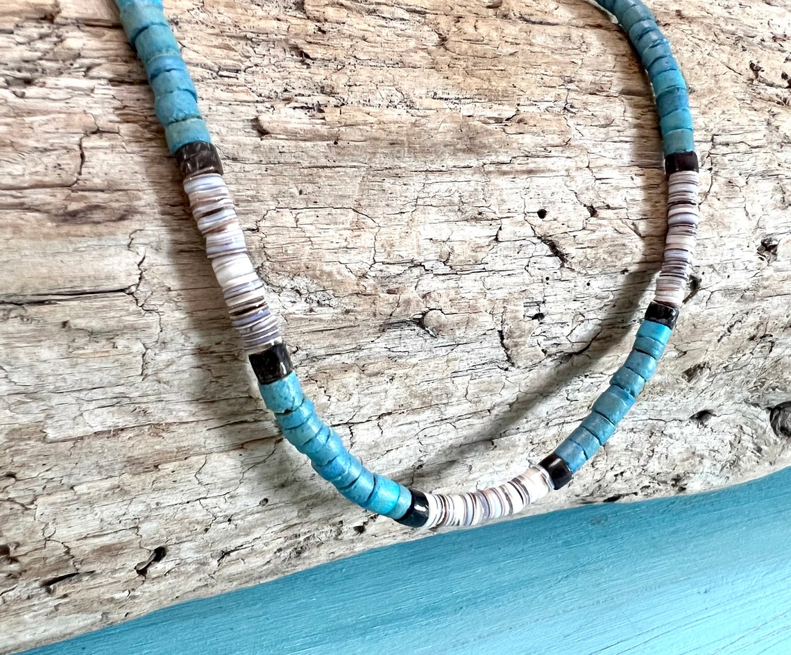 Shell Heishi Surfer Necklace in Aqua, Whites and Browns. Custom Length ...