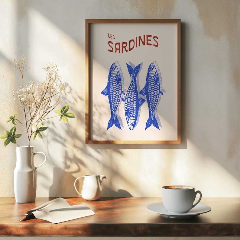 Les Sardines Blue Sardine Art Print, French Coastal Decor, Retro Sea ...