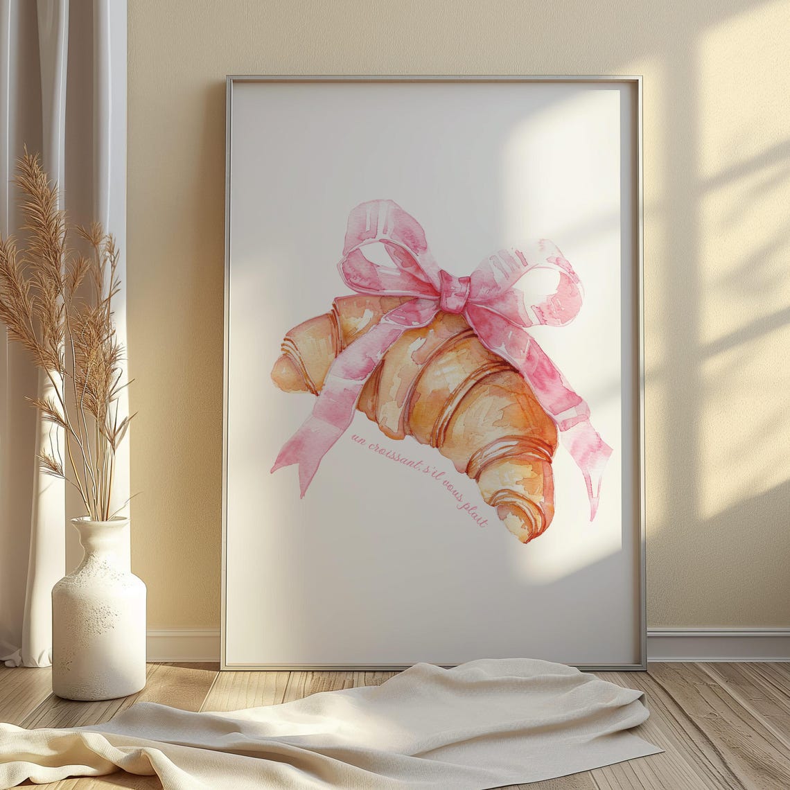 Croissant With Pink Bow Watercolor Print: Coquette French Cafe Decor ...