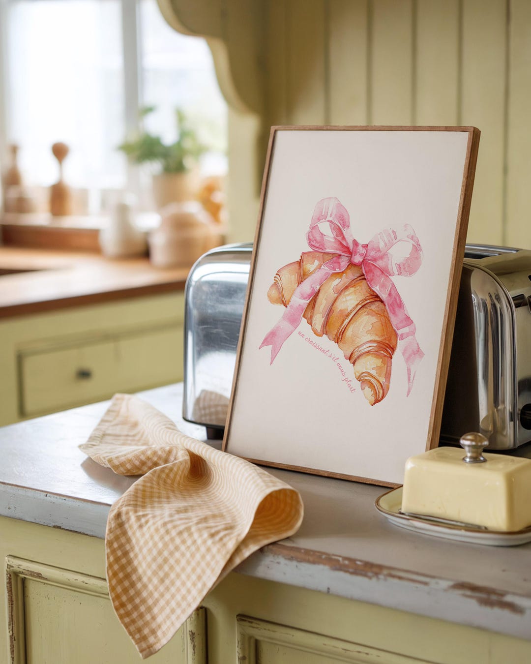 Croissant With Pink Bow Watercolor Print: Coquette French Cafe Decor ...