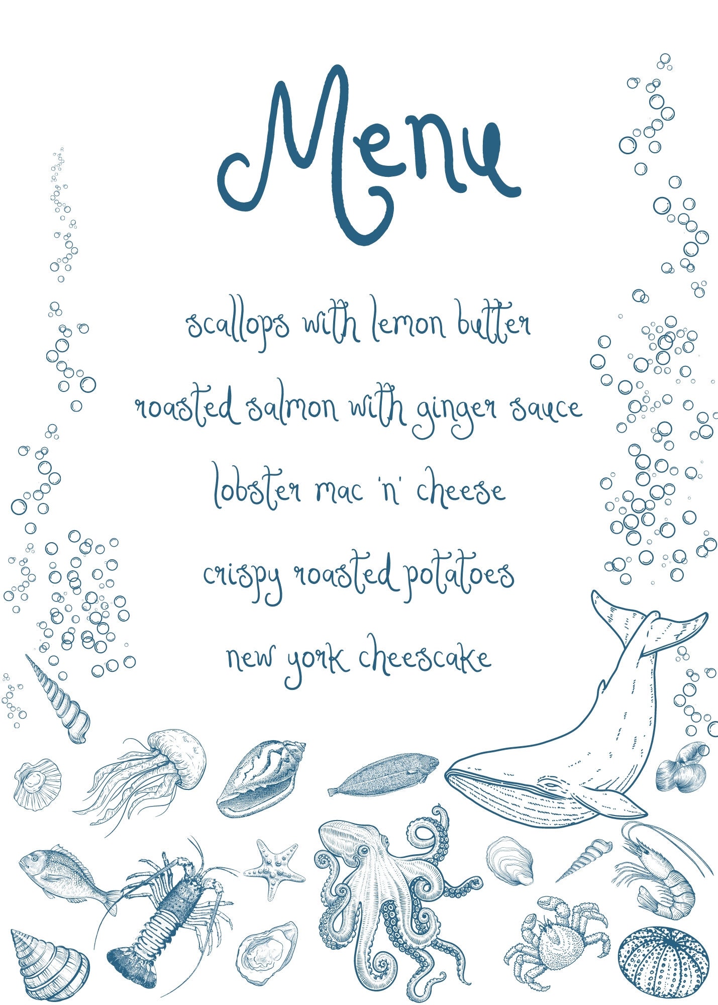 Hand Drawn Seafood Menu Template- Customisable Ocean and Seafood Themed ...