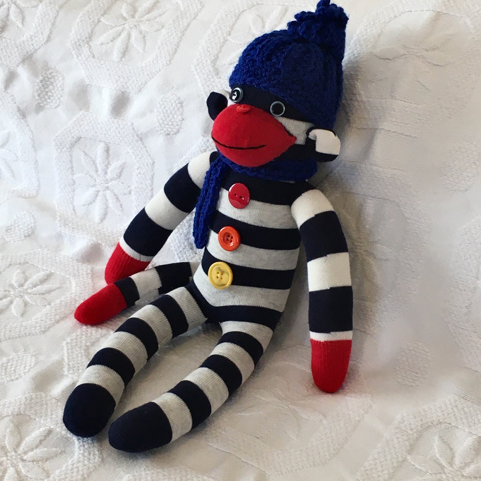 Blue and White Striped Sock Monkey Doll, A Wonderful Gift for Adults ...