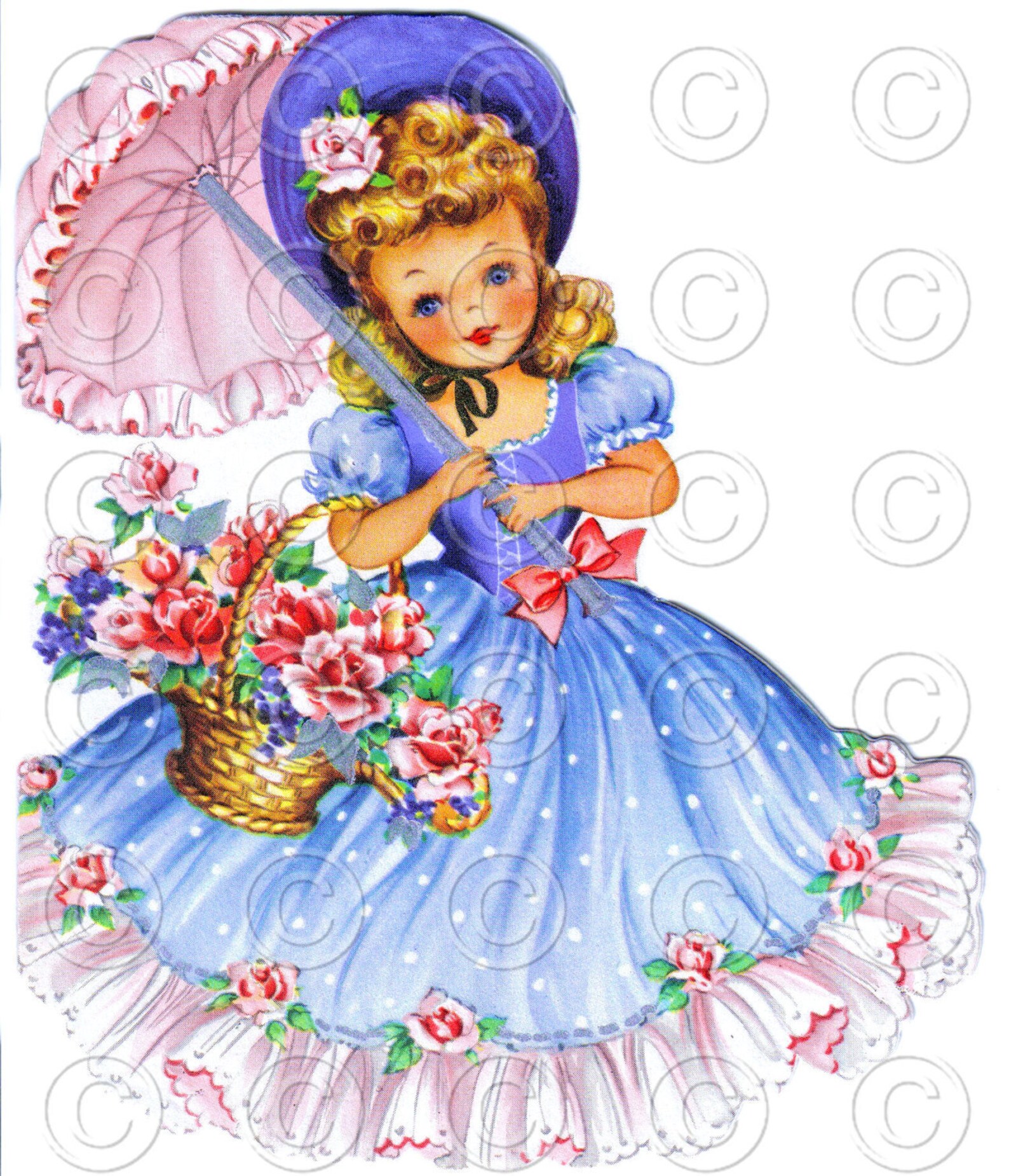 Southern Belle -- Pretty Girl With Basket of Flowers Parasol Doll Card ...