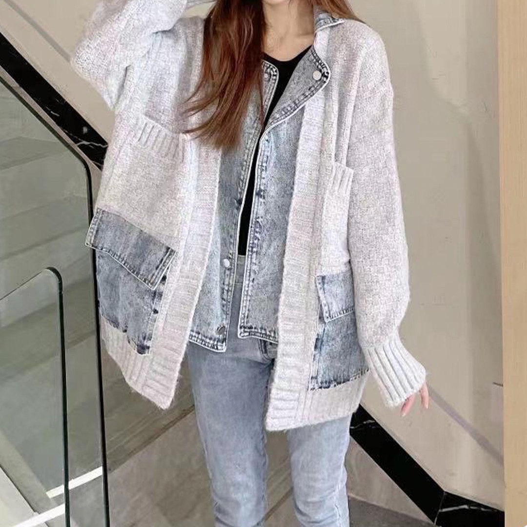 Stylish Knit & Denim Jacket, Omen's Medium Long Loose Fit Top With ...