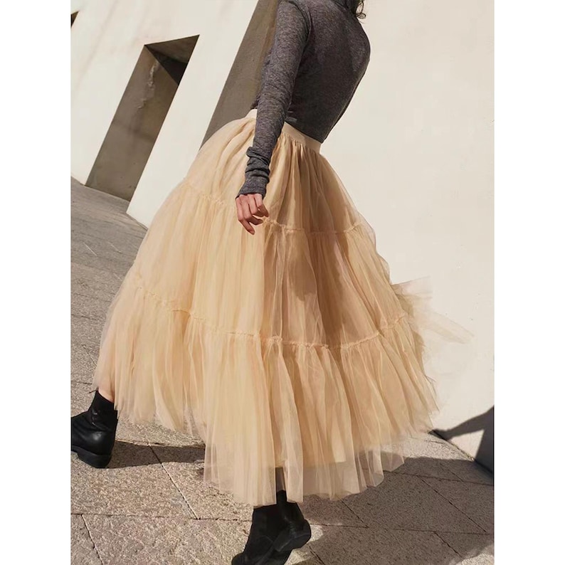 Ethereal Layered Tulle Skirt, Women's Mid-length High-waisted Cake ...