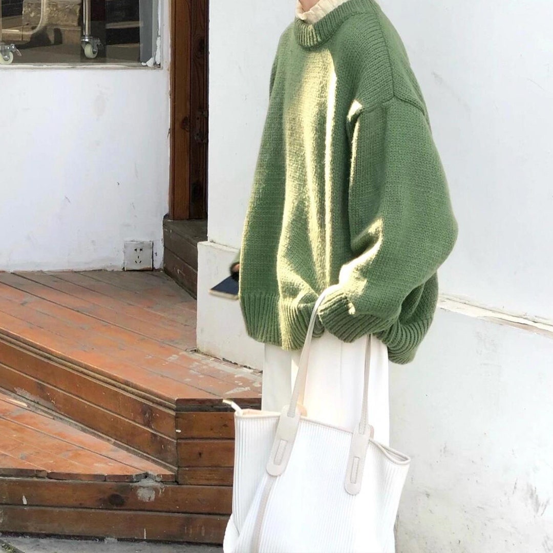 Handcrafted Vintage Green Sweater, Cozy Oversized Round Neck Knit Top ...