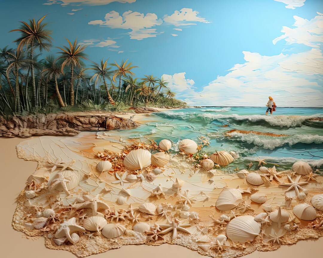 Seashells and Starfish on the Beach Palm Trees Forest Woman Wading in ...