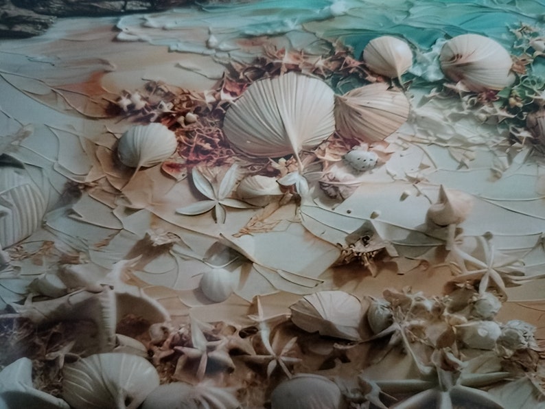 Seashells and Starfish on the Beach Palm Trees Forest Woman Wading in ...